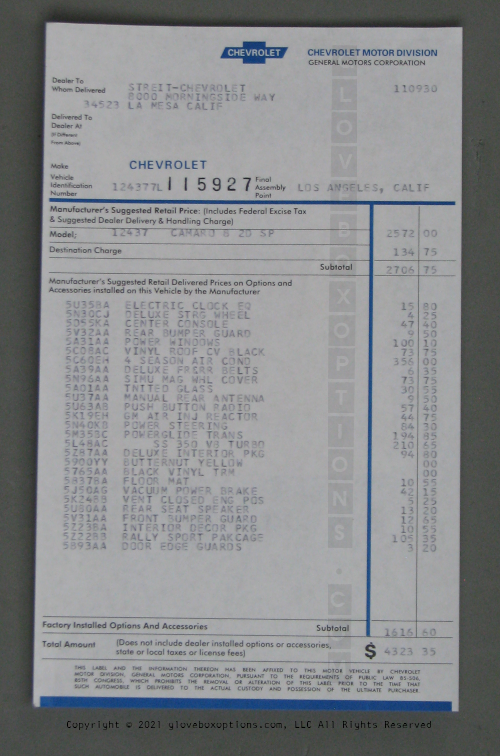 Camaro Reproduction Window Stickers Impact Printer Printed