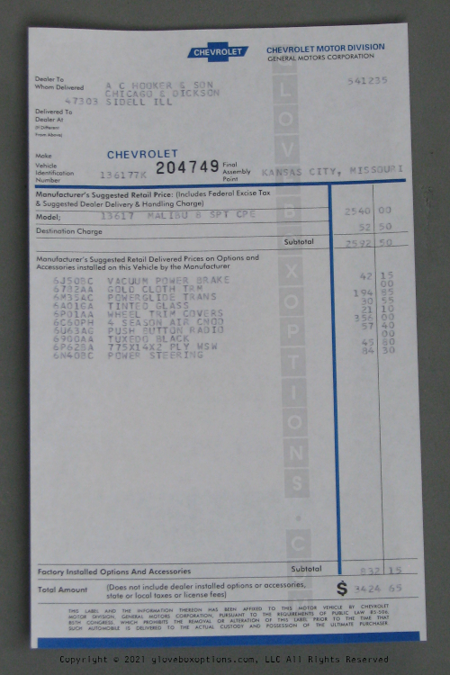 Chevelle/Malibu Reproduction Window Stickers Impact Printer Printed