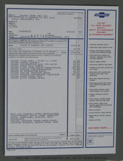 Camaro Reproduction Window Stickers Impact Printer Printed