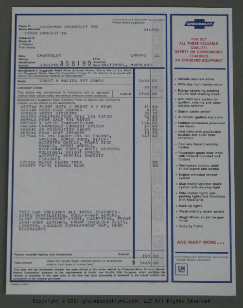 Chevelle/Malibu Reproduction Window Stickers Impact Printer Printed