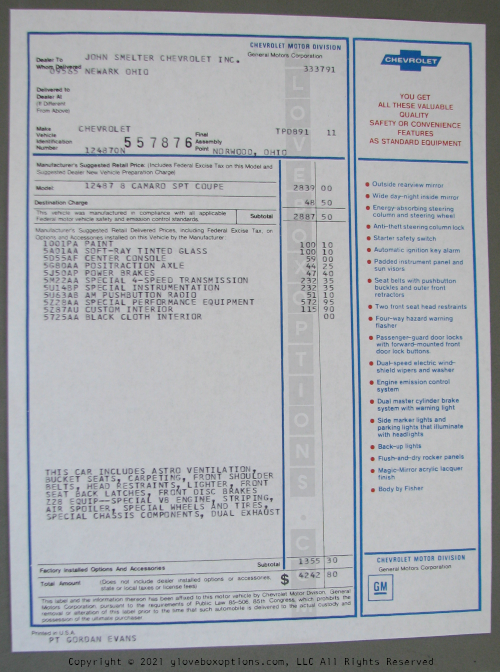 Camaro Reproduction Window Stickers Impact Printer Printed