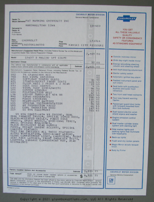 Chevelle/Malibu Reproduction Window Stickers Impact Printer Printed