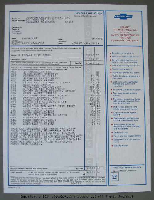 Impala/Caprice/Bel Air Reproduction Window Stickers Impact Printer Printed