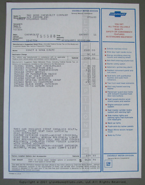 Chevrolet Reproduction Window Stickers Impact Printer Printed (All)