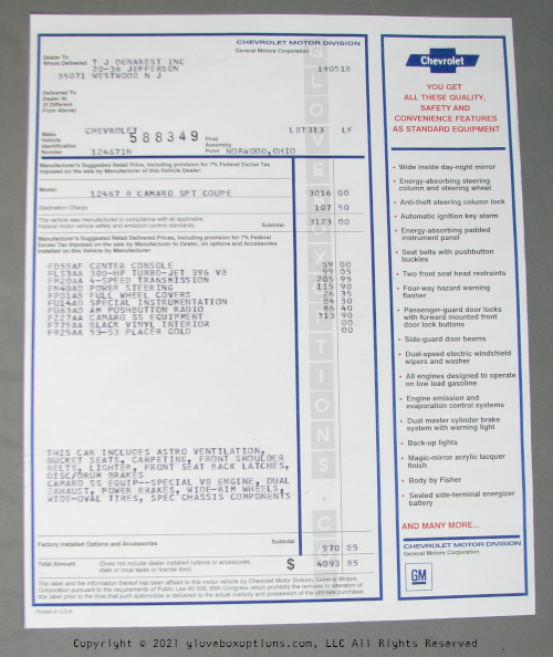 Camaro Reproduction Window Stickers Impact Printer Printed