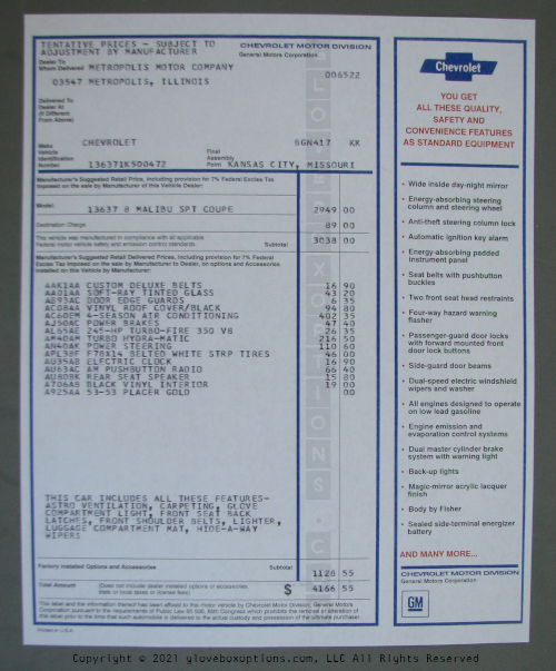 Chevelle/Malibu Reproduction Window Stickers Impact Printer Printed