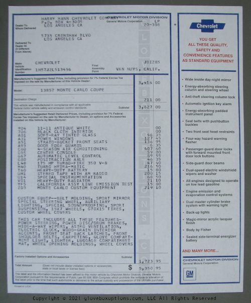 Chevrolet Reproduction Window Stickers Impact Printer Printed (All)