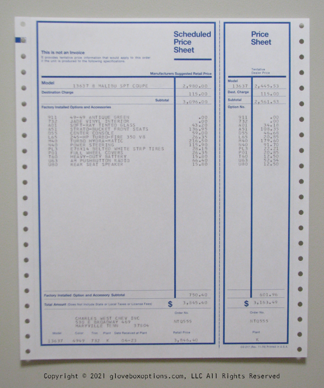 Chevelle/Malibu Reproduction Window Stickers Impact Printer Printed