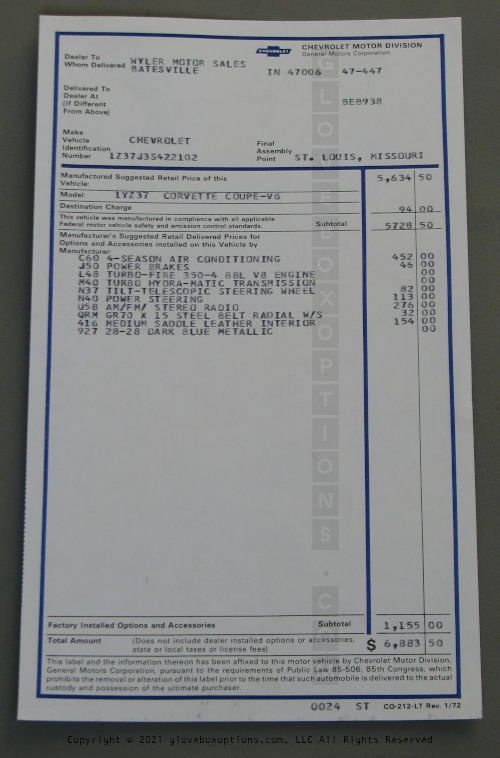 Chevrolet Reproduction Window Stickers Impact Printer Printed (All)