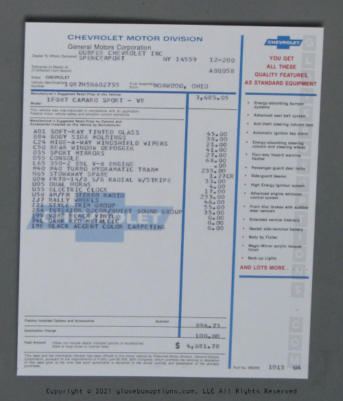 Camaro Reproduction Window Stickers Impact Printer Printed