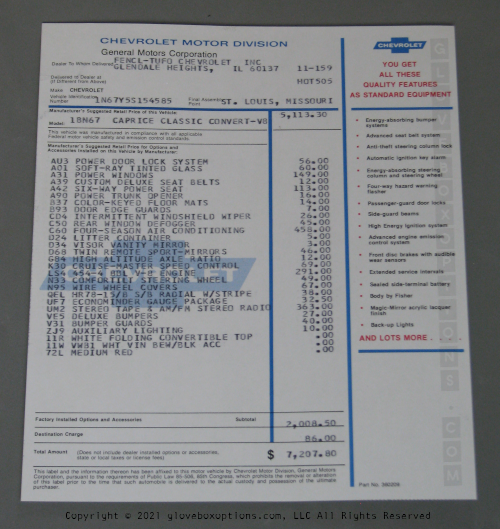 Impala/Caprice/Bel Air Reproduction Window Stickers Impact Printer Printed