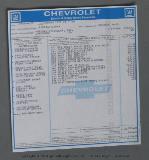 Camaro Reproduction Window Stickers Impact Printer Printed