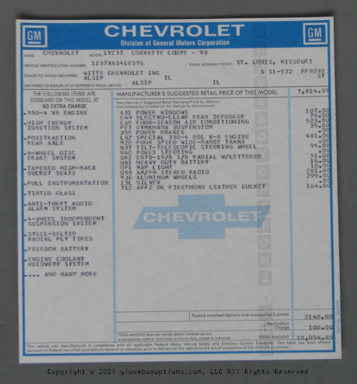 Corvette Reproduction Window Stickers Impact Printer Printed