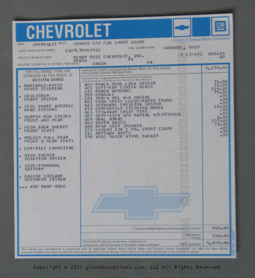 Camaro Reproduction Window Stickers Impact Printer Printed