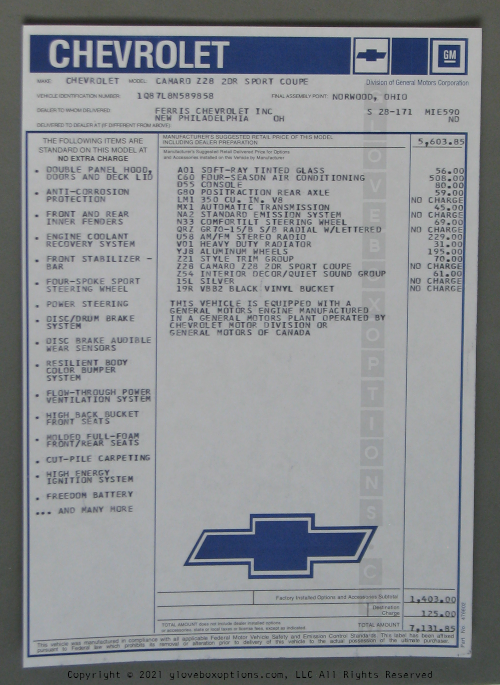 Camaro Reproduction Window Stickers Impact Printer Printed