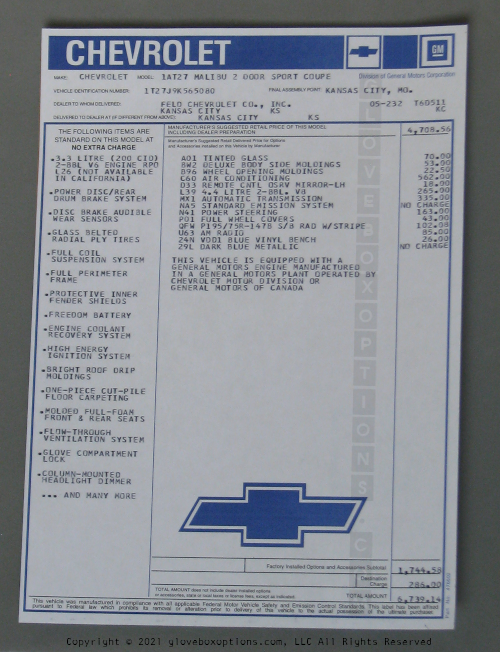 Chevelle/Malibu Reproduction Window Stickers Impact Printer Printed