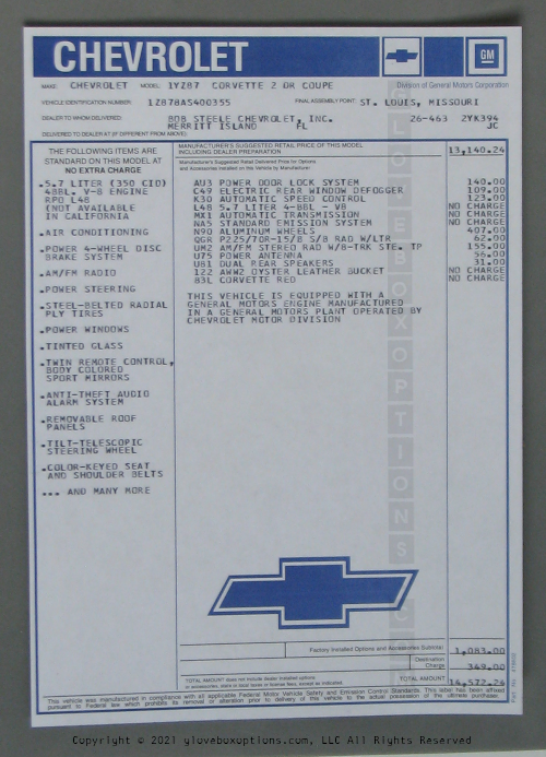 1980 Corvette Window Sticker