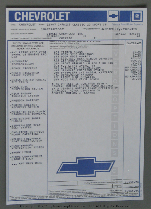 Impala/Caprice/Bel Air Reproduction Window Stickers Impact Printer Printed