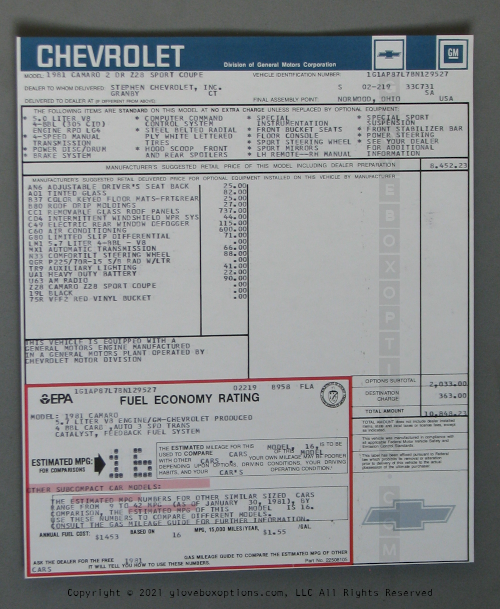 Camaro Reproduction Window Stickers Impact Printer Printed