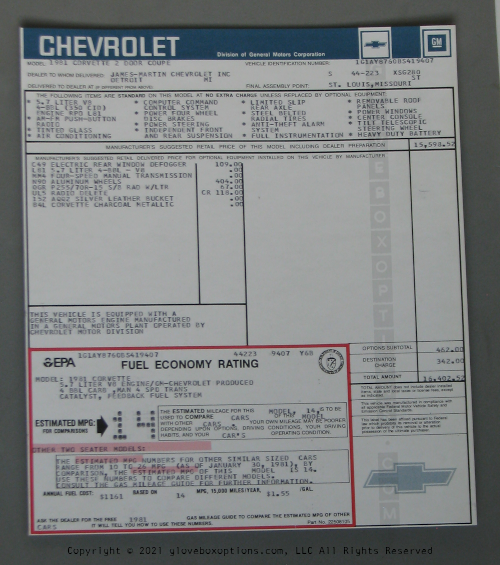 Corvette Reproduction Window Stickers Impact Printer Printed