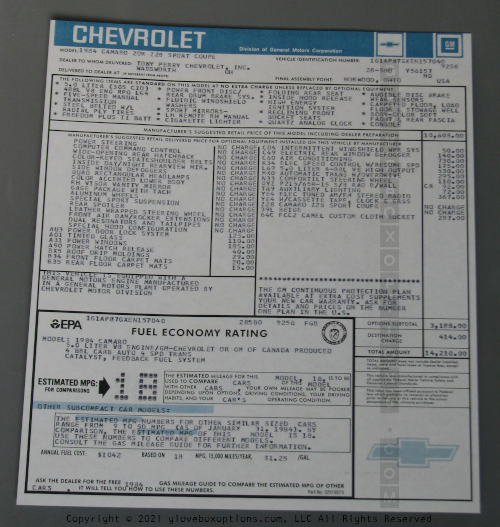 Camaro Reproduction Window Stickers Impact Printer Printed