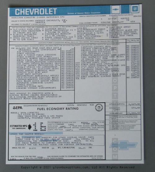Corvette Reproduction Window Stickers Impact Printer Printed